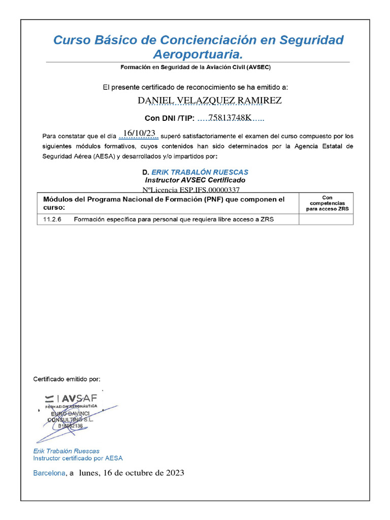 Diploma - Del - Curso Avsec | PDF