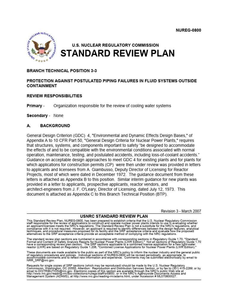 Nureg 0800 Branch Technical Position 3-3 Protection Against Postulated Piping Failures in Fluid ...