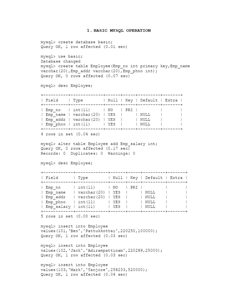 Basic Mysql Operation | PDF | Databases | Data Management