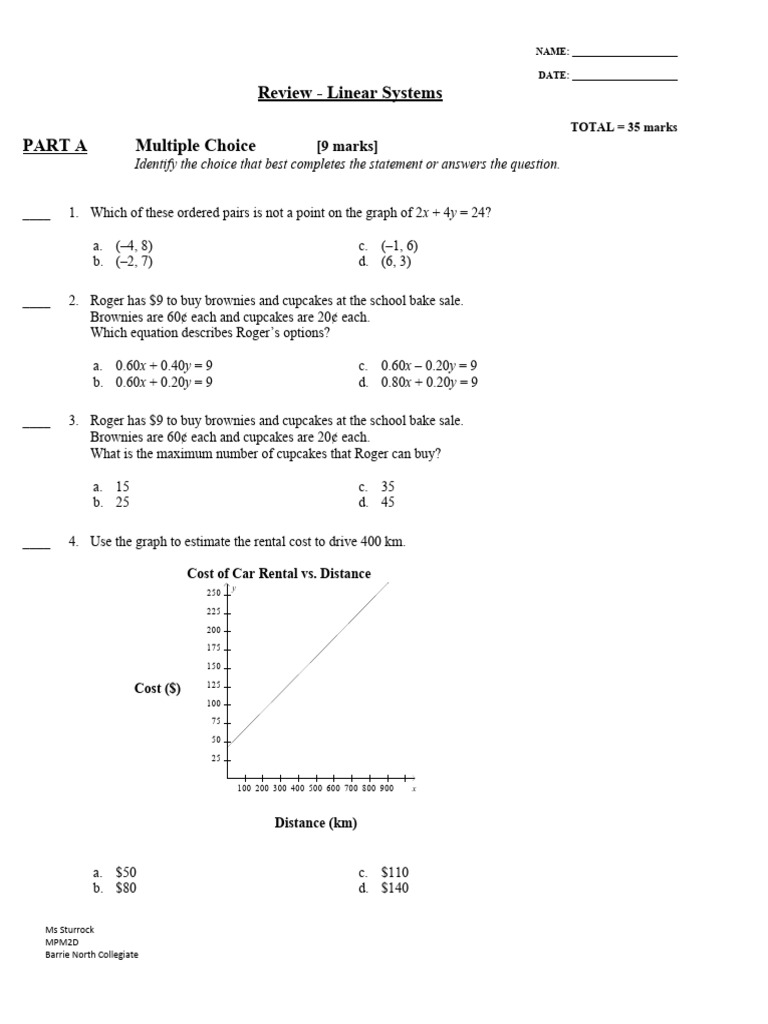 Linear Systems Review Worksheet | PDF