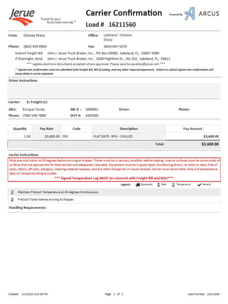 Jerue Truck Broker Load Confirmation | PDF | Cargo | Bill Of Lading