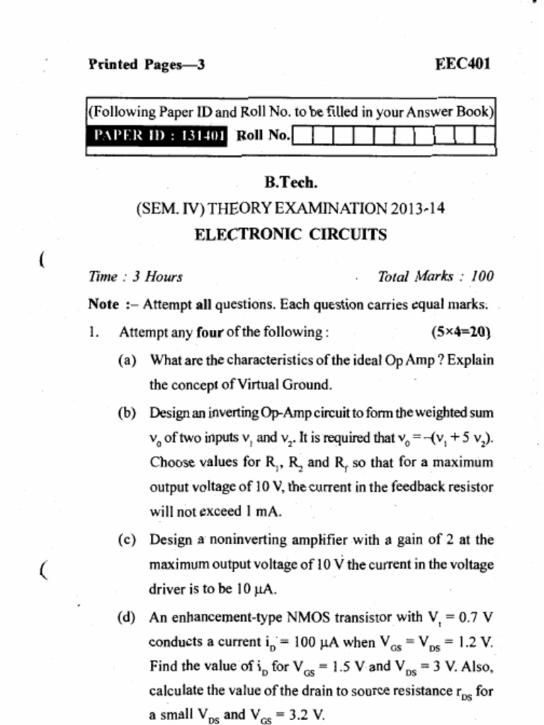 Btech Ec 4 Sem Electronic Circuits Eec 401 2014 | PDF
