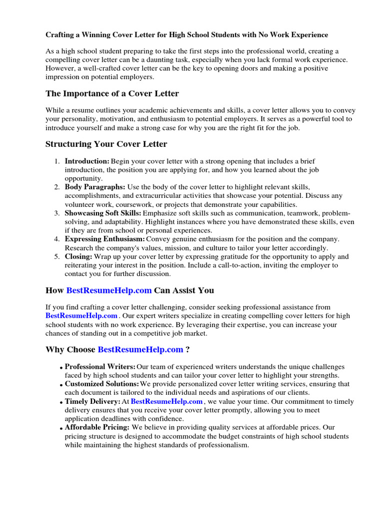 Cover Letter for High School Student With No Work Experience | PDF ...