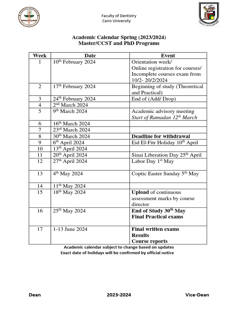 Postgrad Academic Calender Spring 2023-2024 | PDF