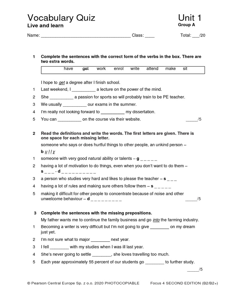 Vocabulary Quiz: Unit 1 Live and Learn | PDF | Grammar | Cognitive Science