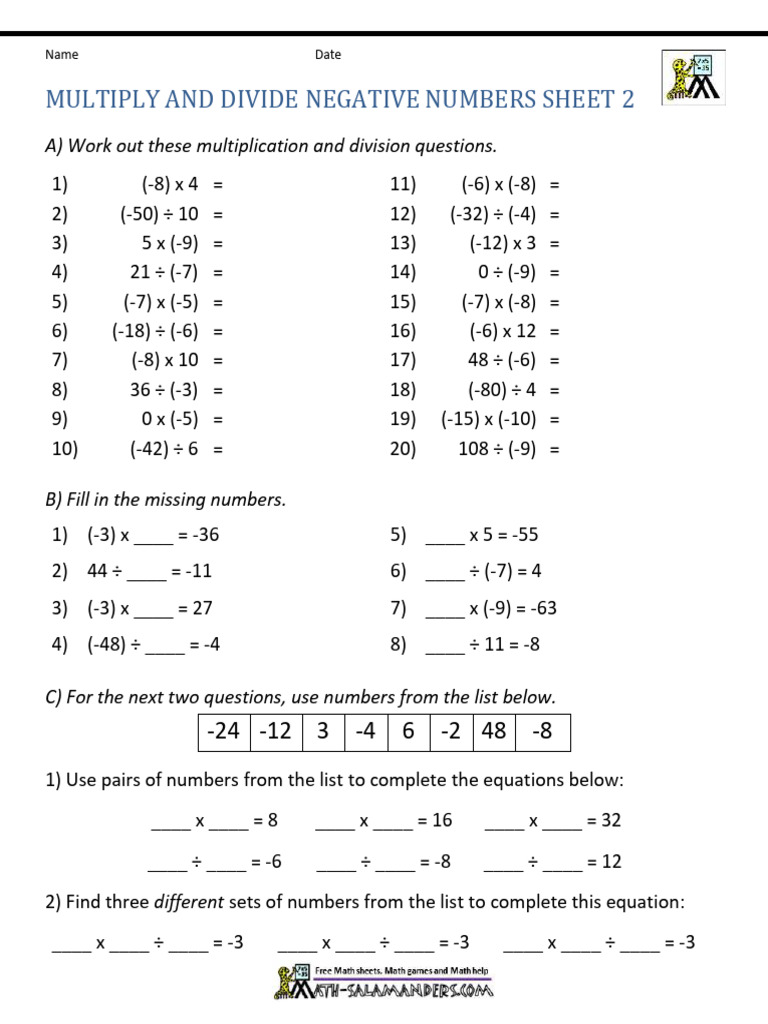 Multiplying and Dividing Negative Numbers | PDF