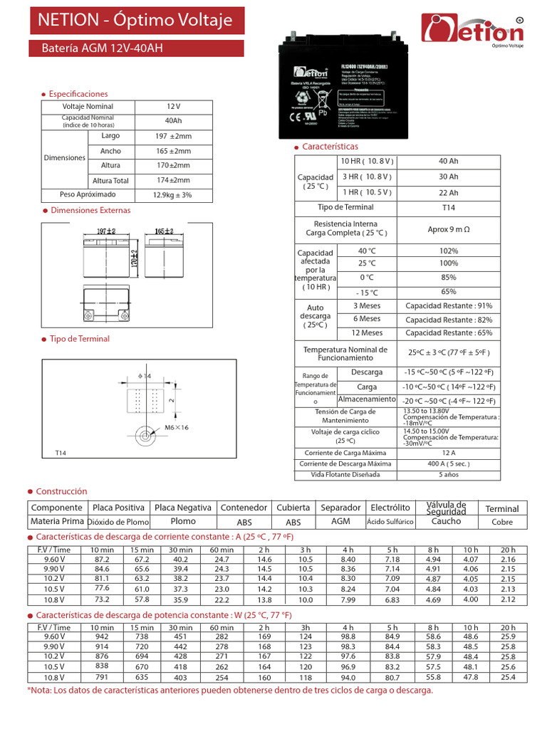 12V40AH AGM 1 Datasheet | PDF | Ingeniería de Edificación | Física ...