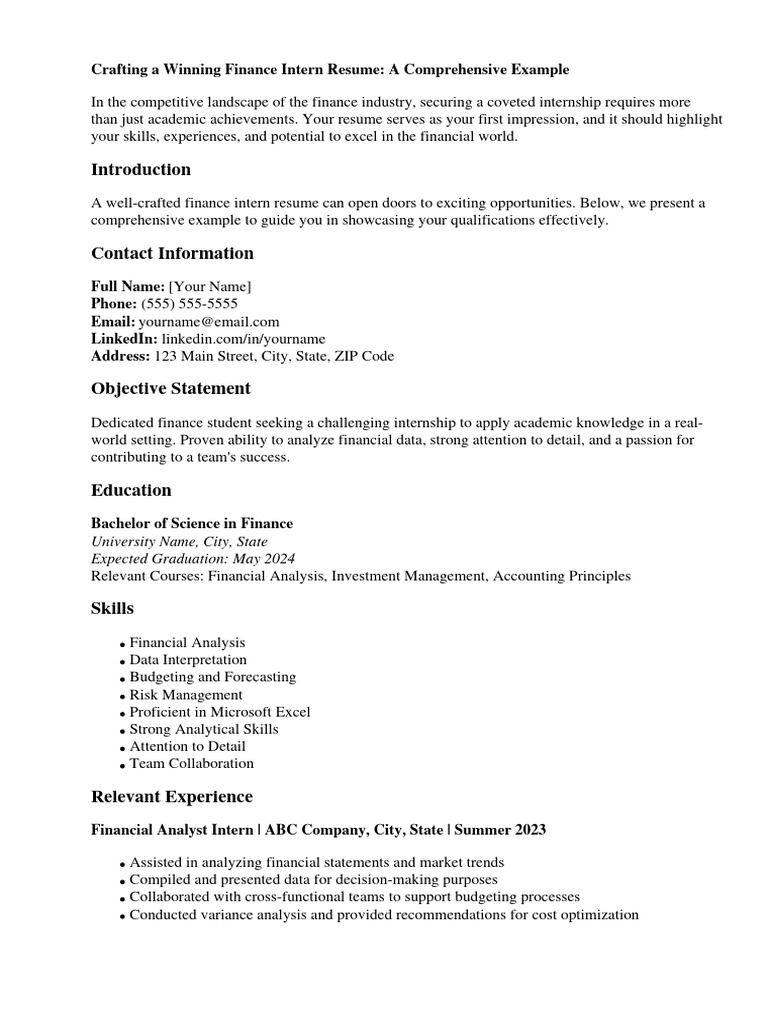 Finance Intern Resume Example | PDF