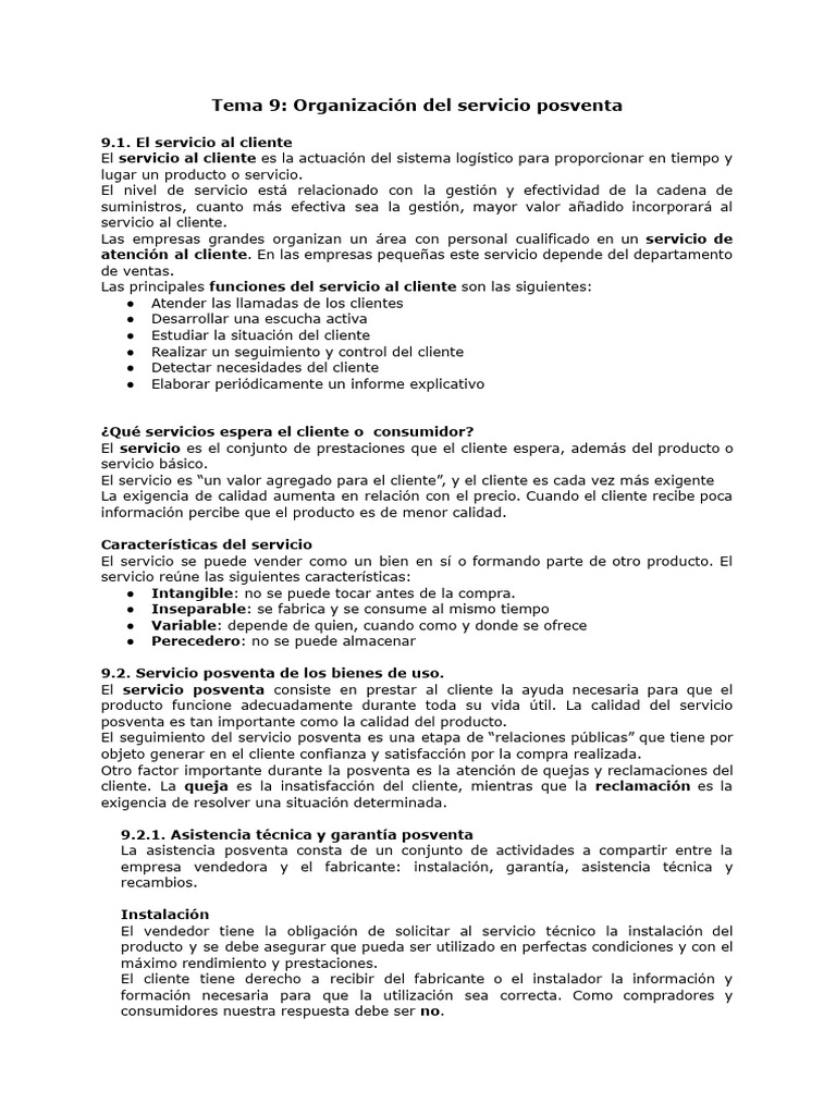 Tema 9 - Organización Del Servicio Posventa (Resumen) | PDF | Publicidad | Calidad (comercial)