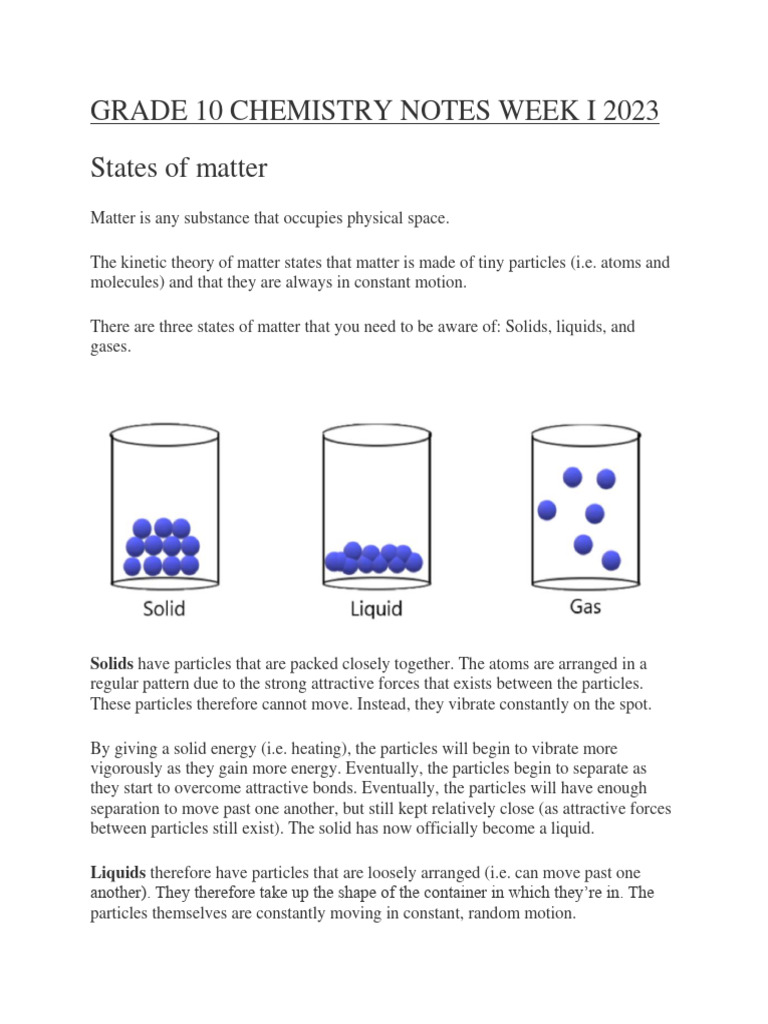 GRADE 10 CHEMISTRY NOTES WEEK I 2023 (1) | PDF | Gases | Brownian Motion