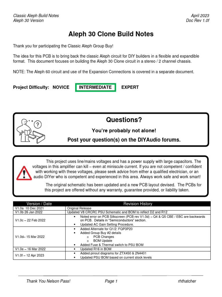 Classic Aleph 30 Build Notes 1.0f | PDF | Resistor | Alternating Current