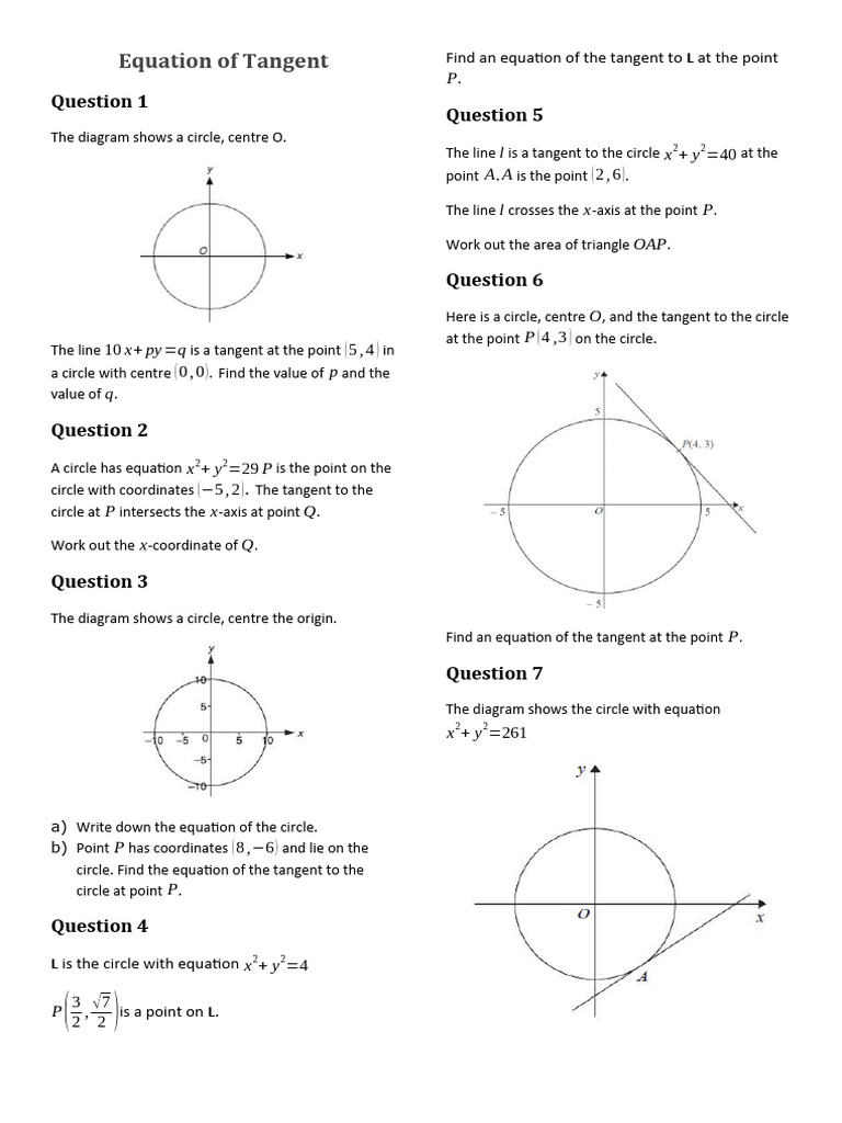 Tangent Line Equations and Problems | PDF | Circle | Tangent
