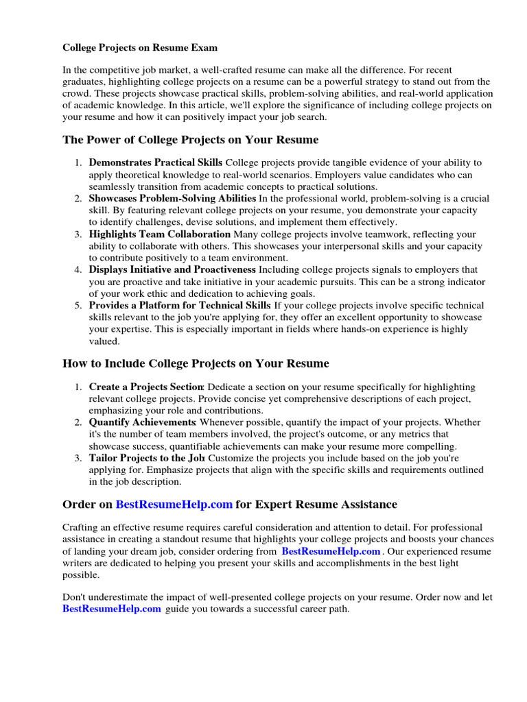 College Projects On Resume Example | Download Free PDF | Résumé ...