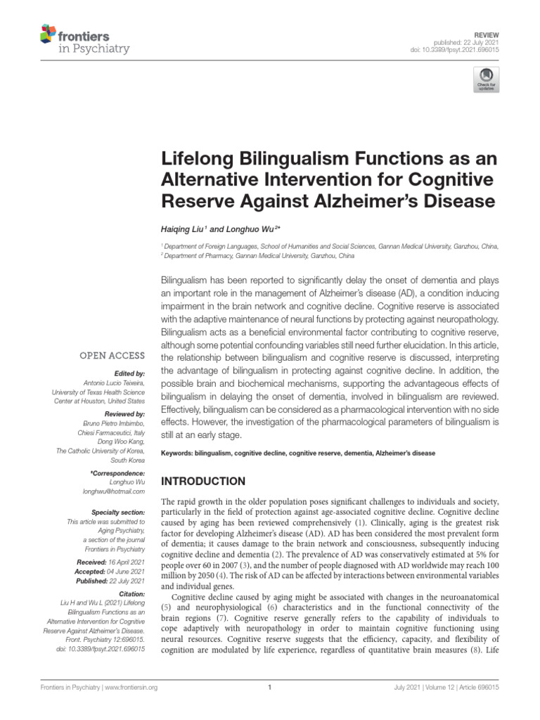Lifelong Bilingualism Functions As An Alternative Intervention For Cognitive Reserve Against ...
