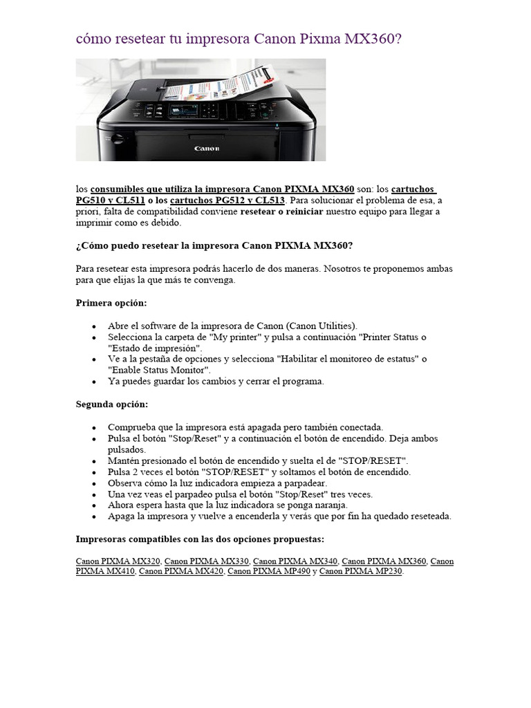 Reiniciar impresora Canon Pixma MX360 | PDF | Informática