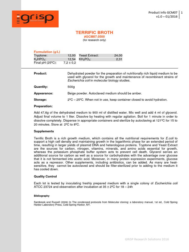 GCM07 Terrific Broth | PDF | Growth Medium | Escherichia Coli