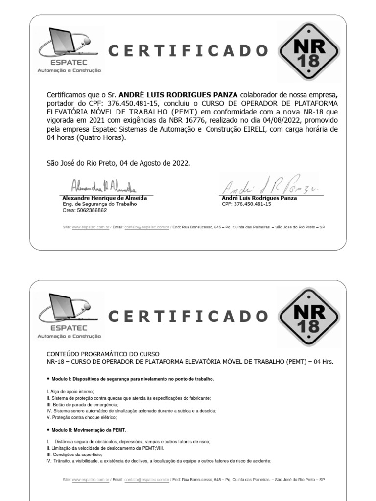 Certificado NR18 André (PEMT) | PDF