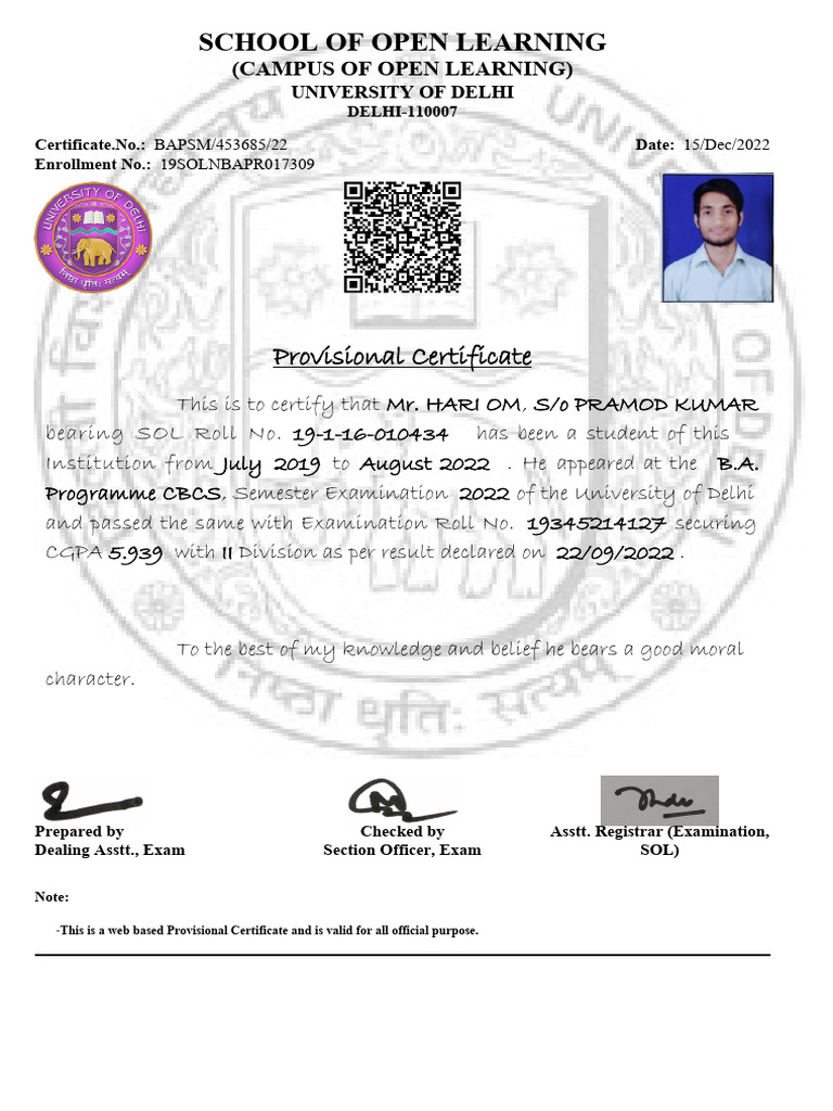 Delhi University B.A. Provisional Certificate | PDF