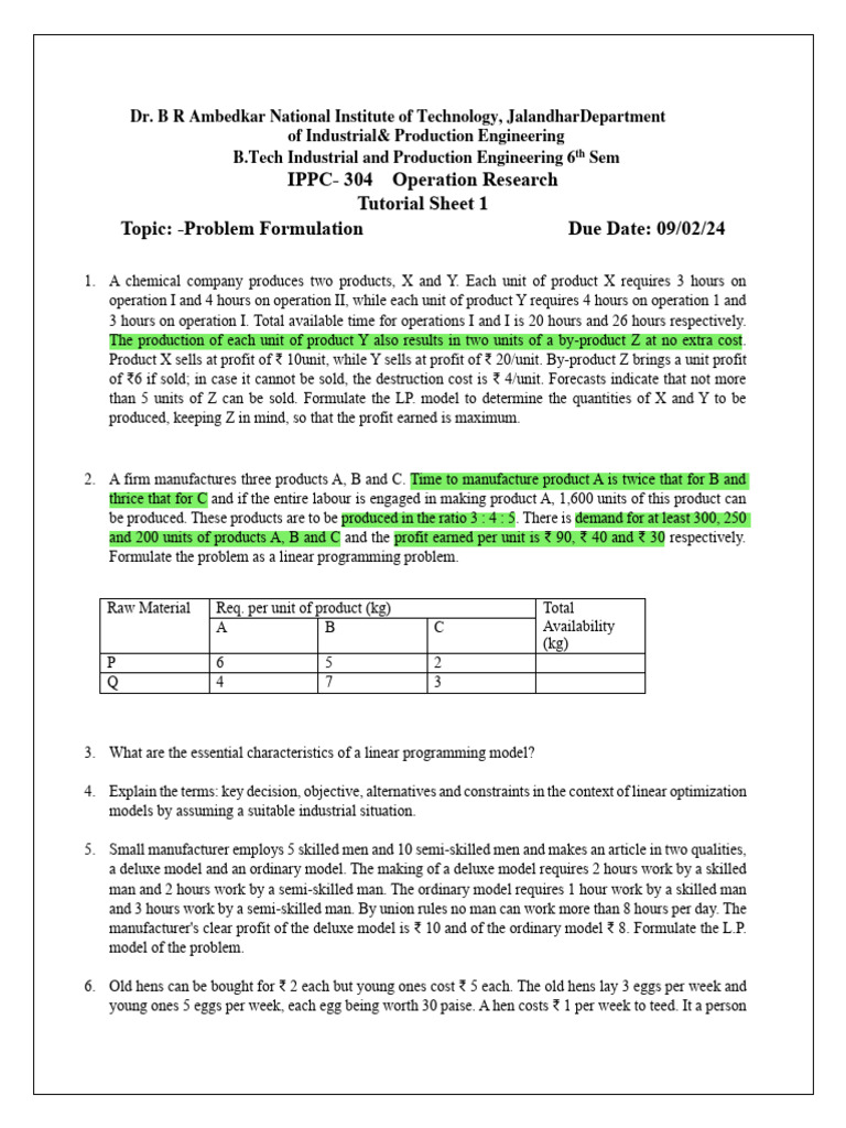 Tutorial Sheet 1 OR | PDF | Profit (Economics) | Gasoline