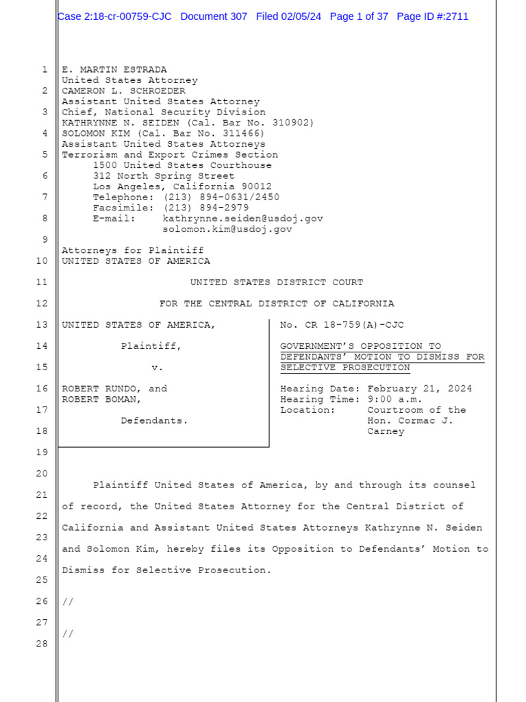 DOJ Response To Rundo Motion To Dismiss | PDF | Prosecutor | Discovery (Law)