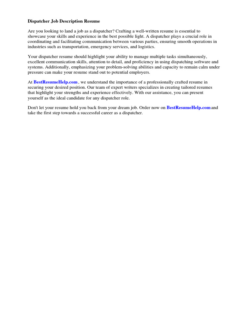 Dispatcher Job Description Resume | PDF | Dispatcher | Information