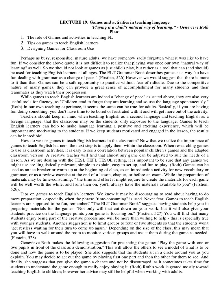 LECTURE 19 - Games and Activities in Teaching Language | PDF | English As A Second Or Foreign ...