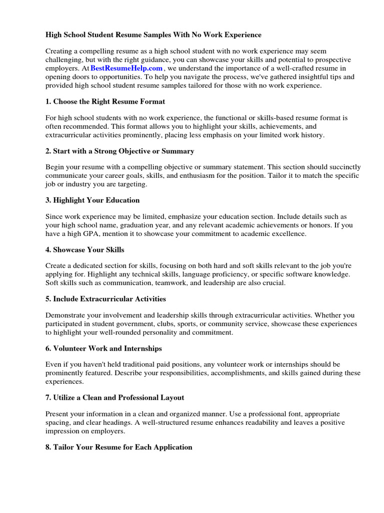 High School Student Resume Samples With No Work Experience | PDF ...