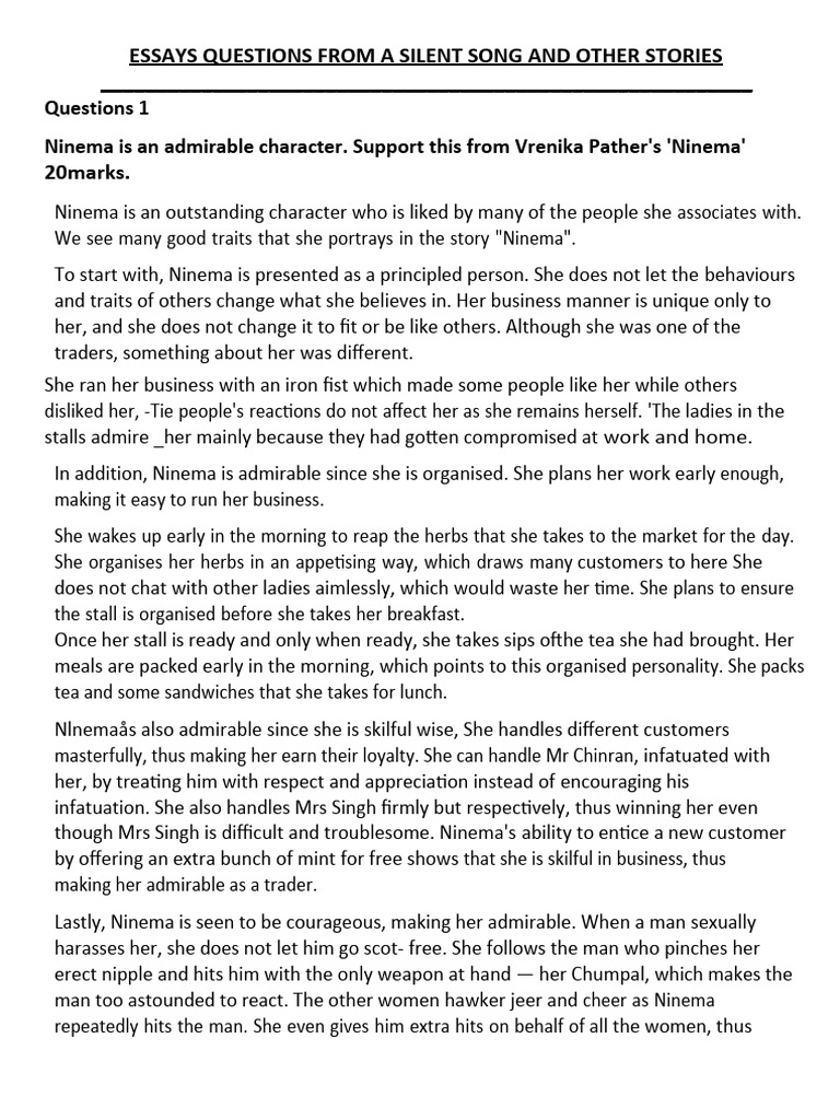 A SILENT SONG - Essay Questions | PDF | Self-Improvement