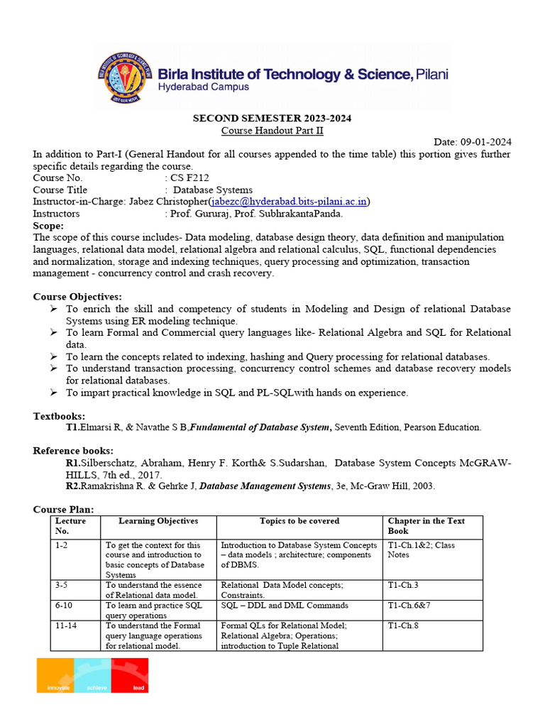 CS F212 (Database Systems) Handout | PDF | Databases | Relational Model