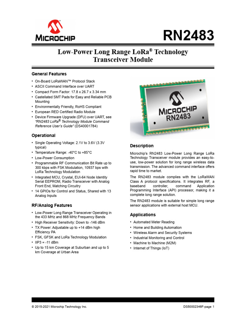RN2483 Low Power Long Range LoRa Technology Transceiver Module DS50002346F | PDF ...