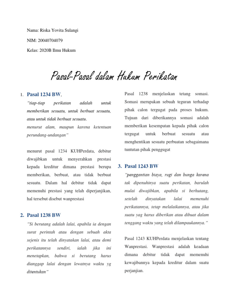 Pasal-Pasal Hukum Perikatan | PDF