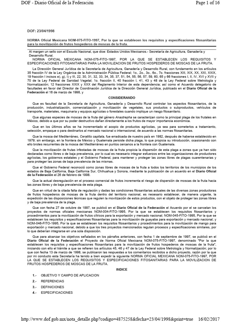NOM-075-FITO-1997, Movilización de Frutos Hospederos Mosca Fruta | PDF ...
