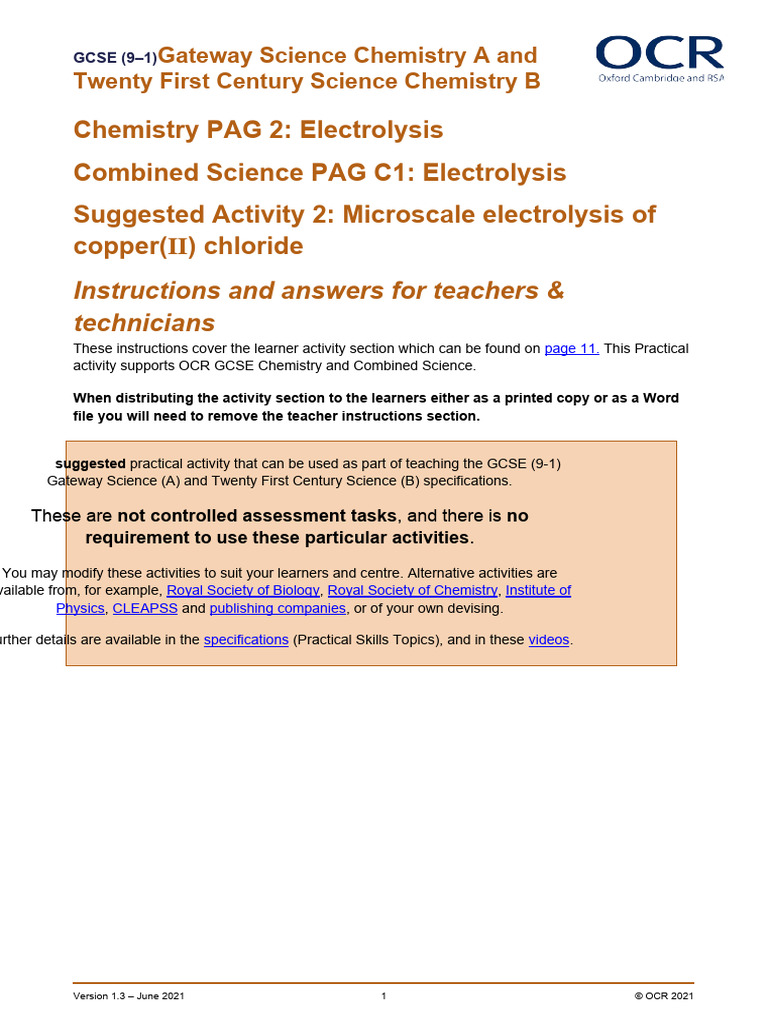 Pag Activity Chemistry Electrolysis Suggestion 2 | PDF