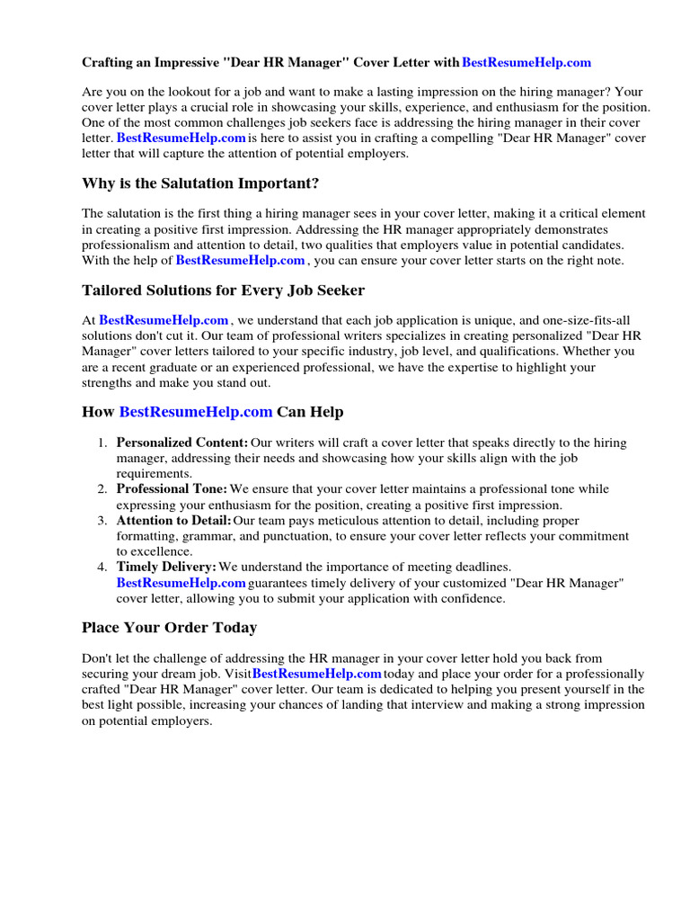 Dear HR Manager Cover Letter | PDF | Employment | Résumé