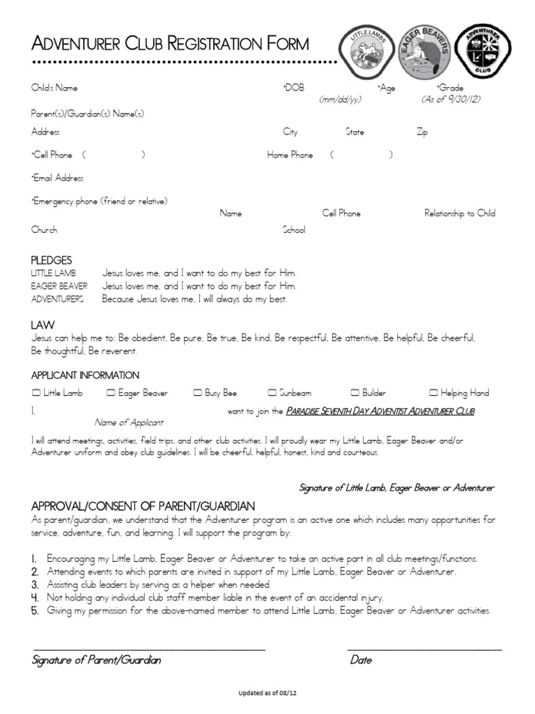 Adventurer Club Registration Form | PDF | Medicine | Health Care
