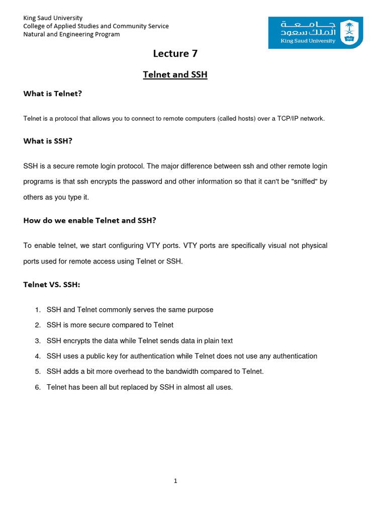 Lecture 7 Telnet SSH | PDF | Secure Shell | Networking Standards