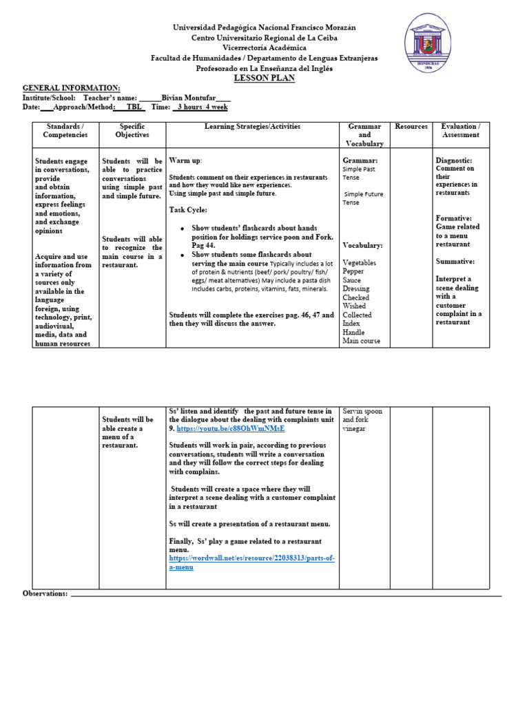 Lesson Plan Week 4 | PDF | Menu | Information