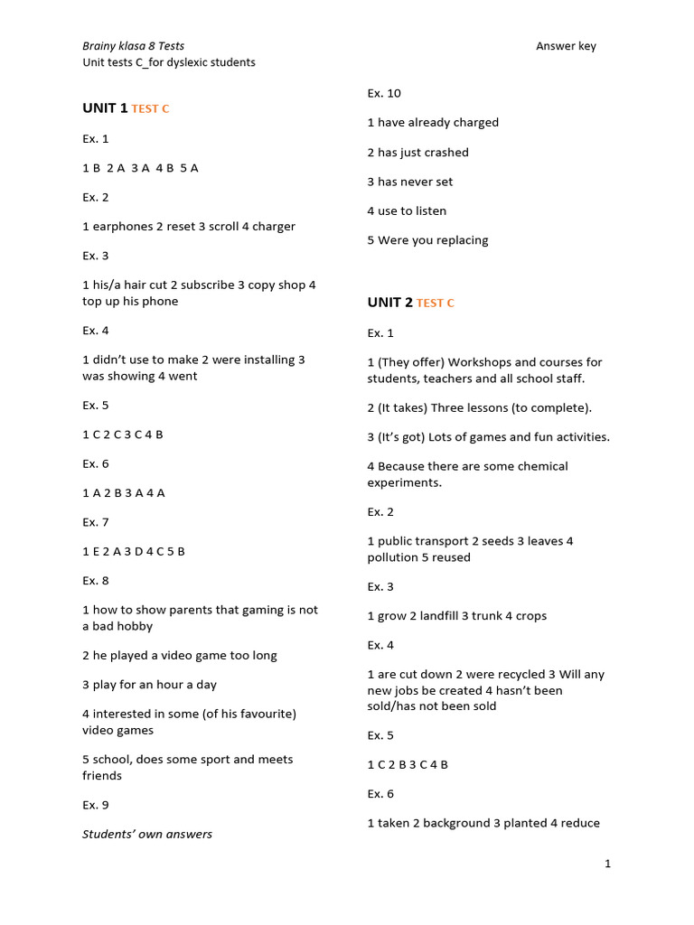 Brainy 8 Unit Tests Answer Key | PDF