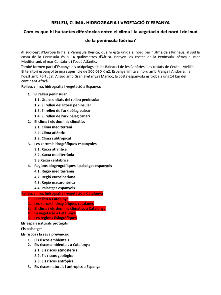 T1. Relleu, Clima, Hidrografia I Vegetació Esp I Cat | PDF