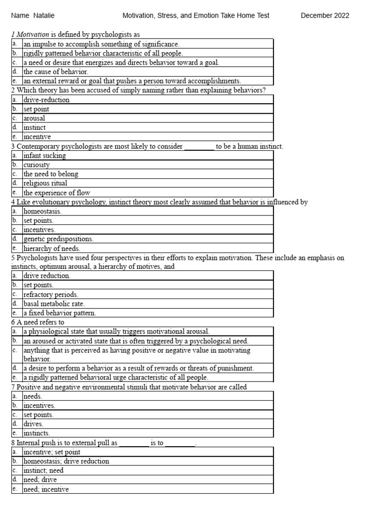 AK Motivation, Stress, and Emotion Take Home Test | PDF | Emotions ...