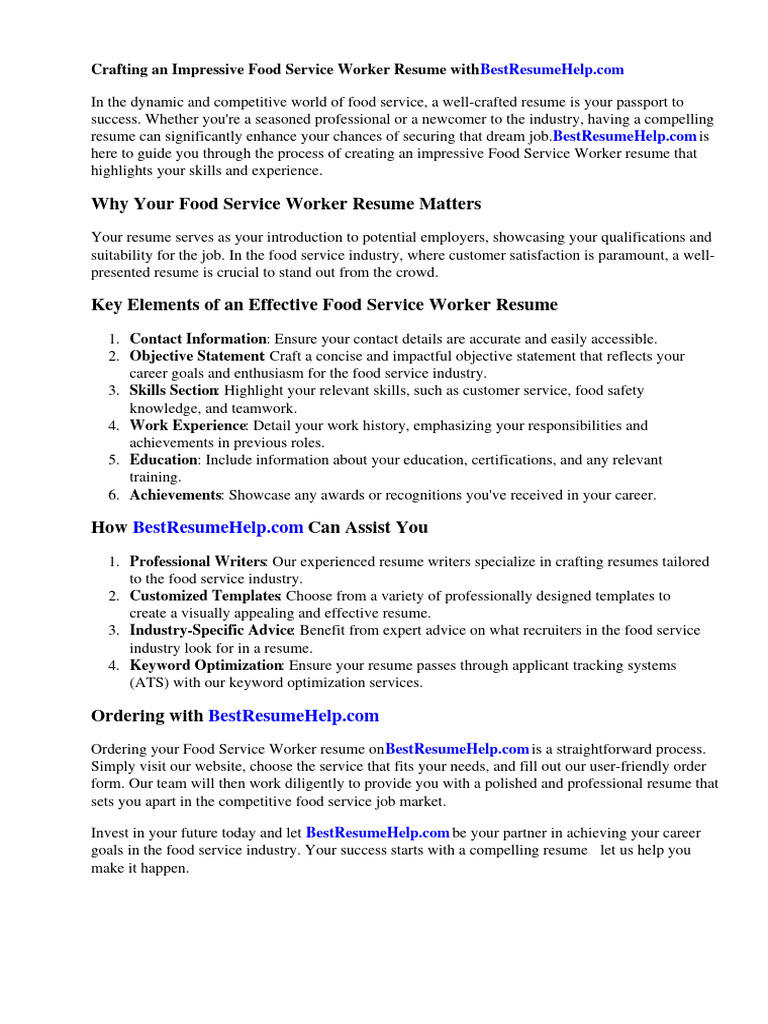 Food Service Worker Resume | PDF | Résumé | Foodservice