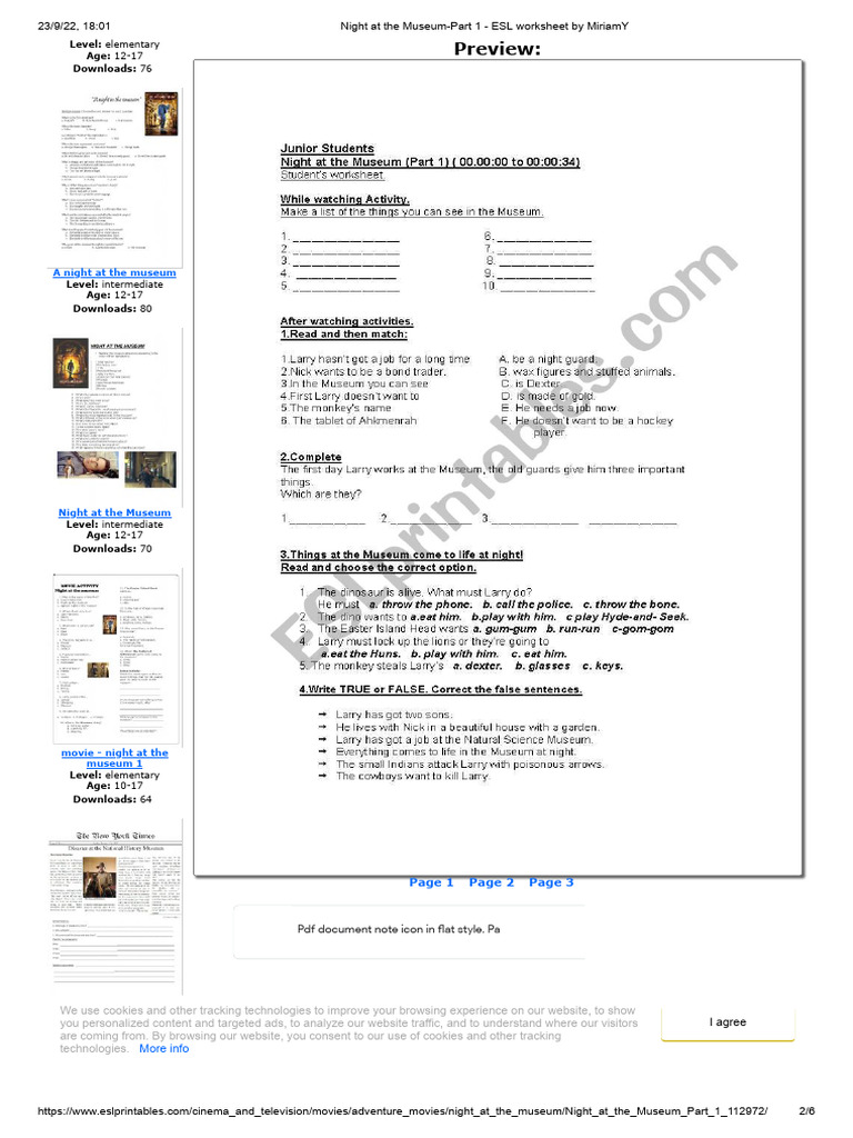 Night at The Museum-Part 1 - ESL Worksheet by MiriamY | PDF