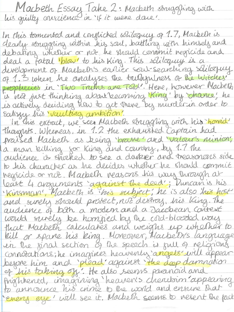 Macbeth Timed Essay How He Struggles With Guilty Conscience in - If It ...