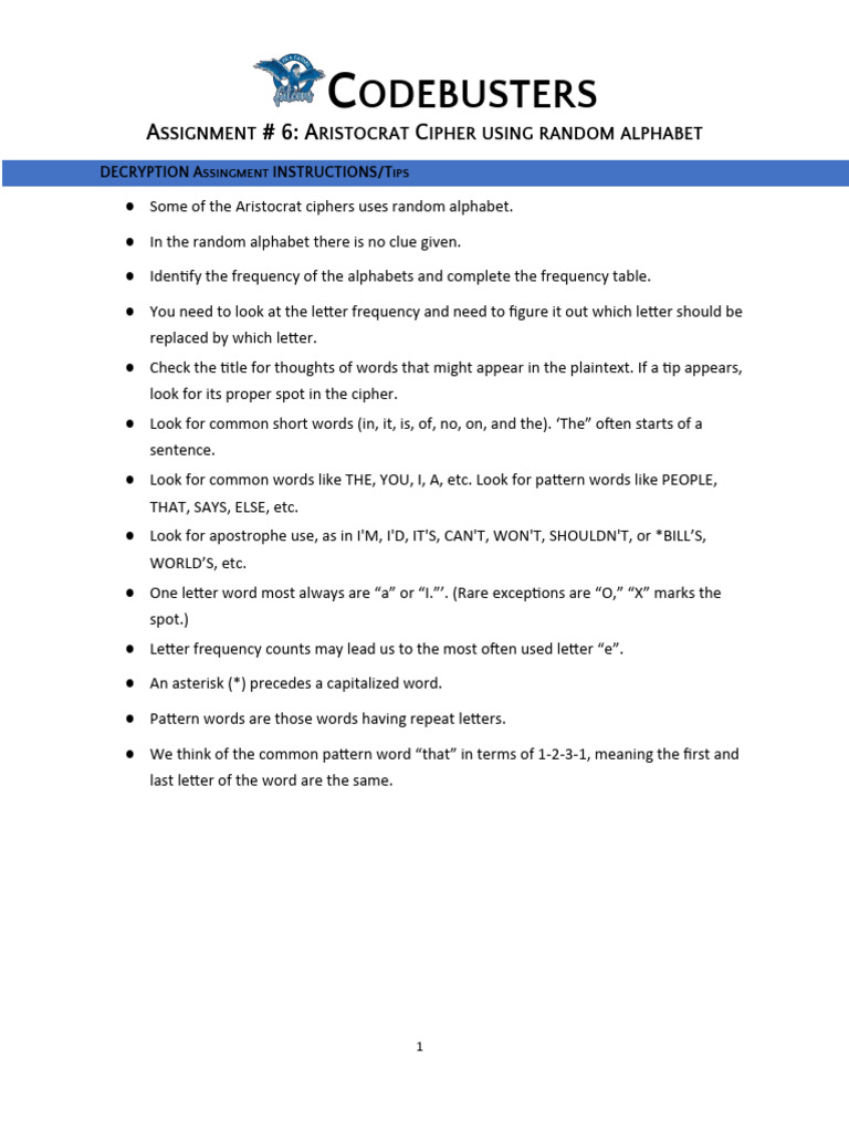 Codebusters Assignment 6 Aristocrat Cipher Random Alphabet | PDF ...