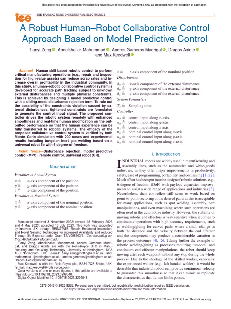 A Robust HumanRobot Collaborative Control Approach Based On Model Predictive Control | Download ...