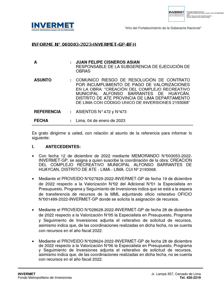 Informe N°000003-2023-Invermet-Gp-Seo-Bfh | PDF