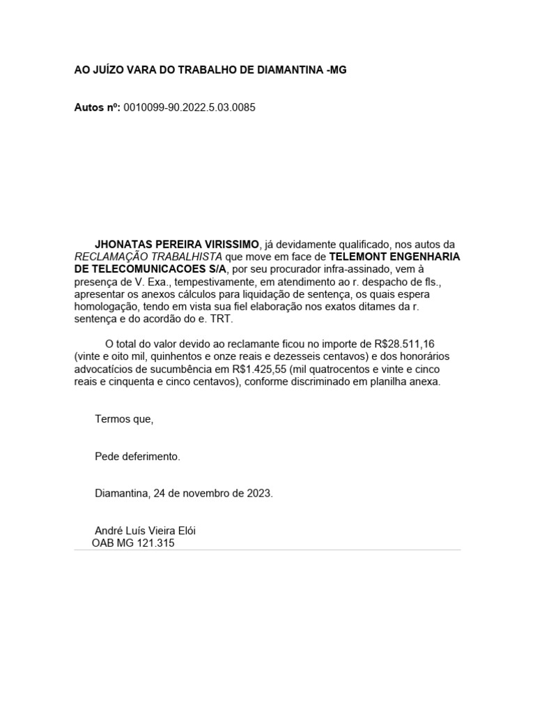 Pedido de Juntada de Calculos Pelo Reclamante Para Liquidacao de ... Pedido de Juntada de Calculos Pelo Reclamante Para Liquidacao de ...