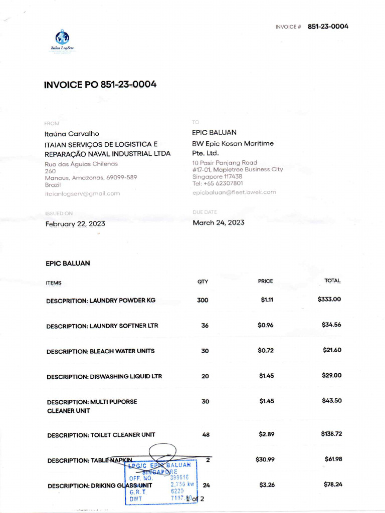 Epic Baluan - Invoice - Cleaning Store - 22 02 2320230226 | PDF