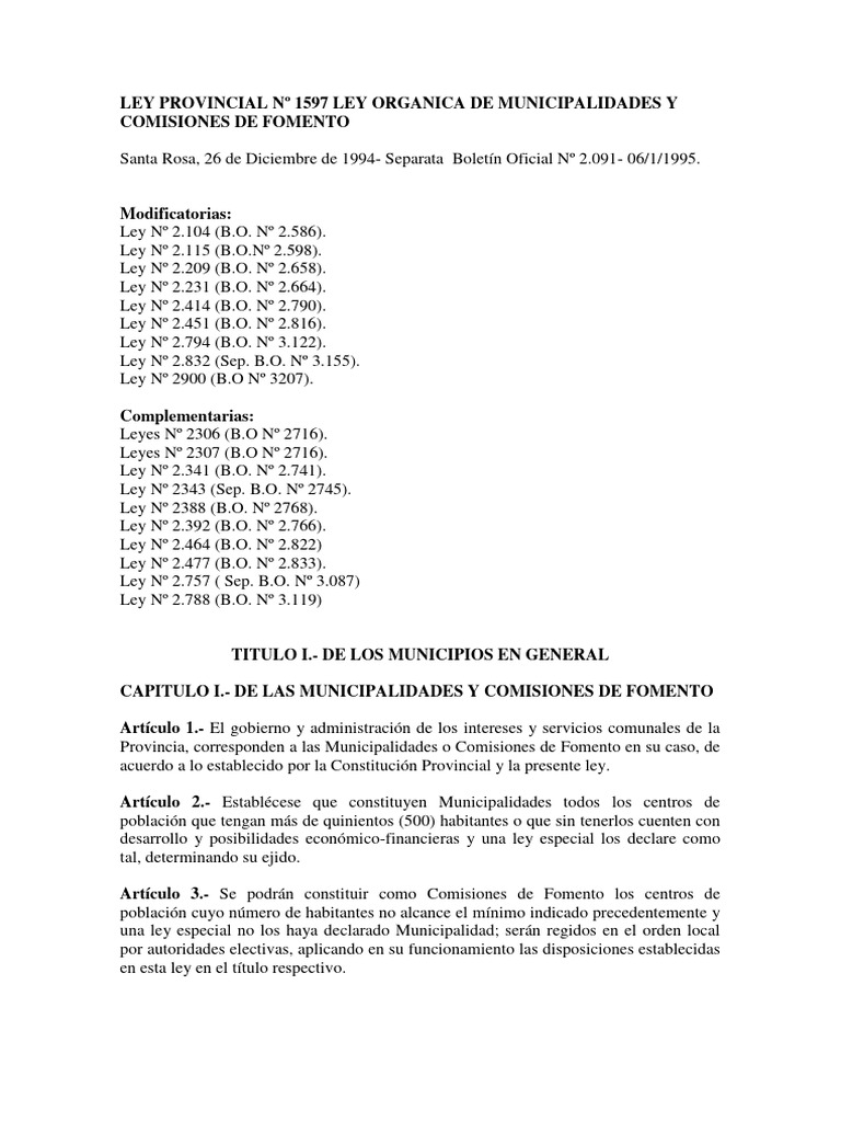 Ley Orgánica de Municipalidades 1597 LA PAMPA | PDF | Gobierno local ...