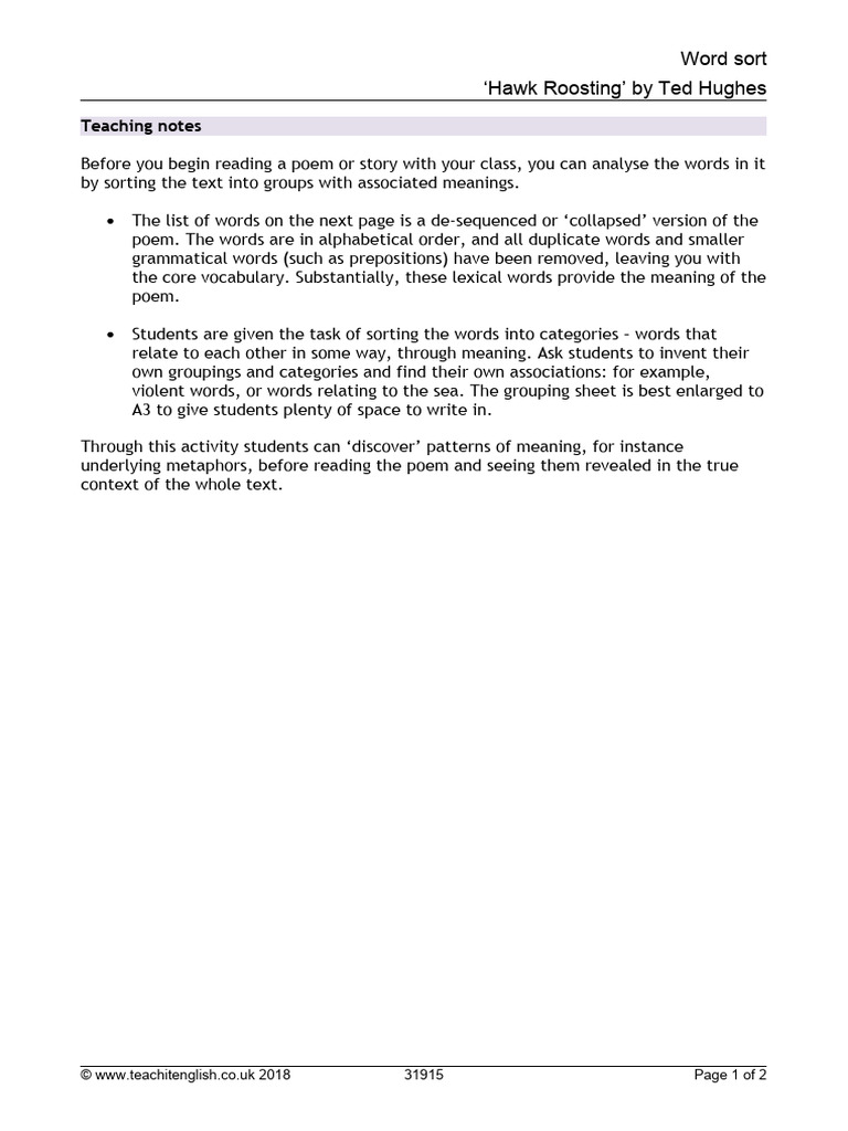 SEO Teaching Notes for 'Hawk Roosting' | PDF